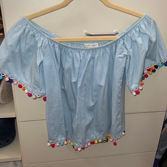 Tops | Colorful Off The Shoulder Pompom Top | Poshmark